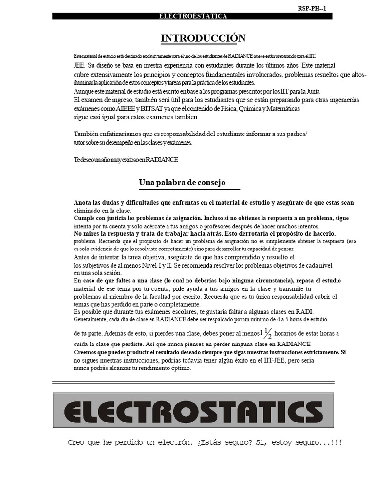 Electrostática Fiitjee. | PDF | Campo eléctrico | Flujo