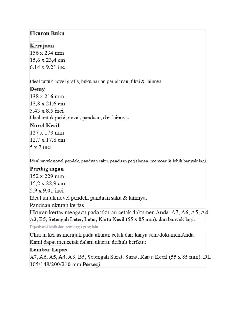 Ukuran Buku A6 dan A7 Terperinci | PDF