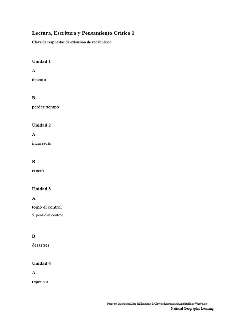 Clave de Respuestas de Extensión de Vocabulario de Pathways RW 1 | PDF