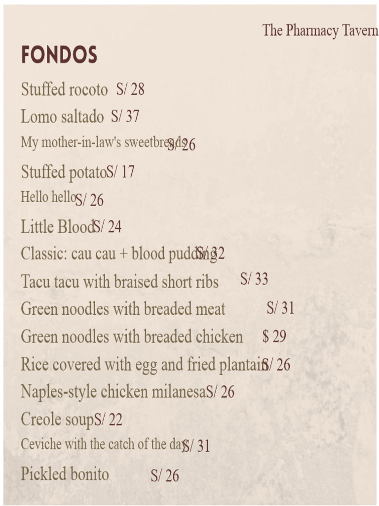 Menu Highlights of The Pharmacy Tavern | PDF