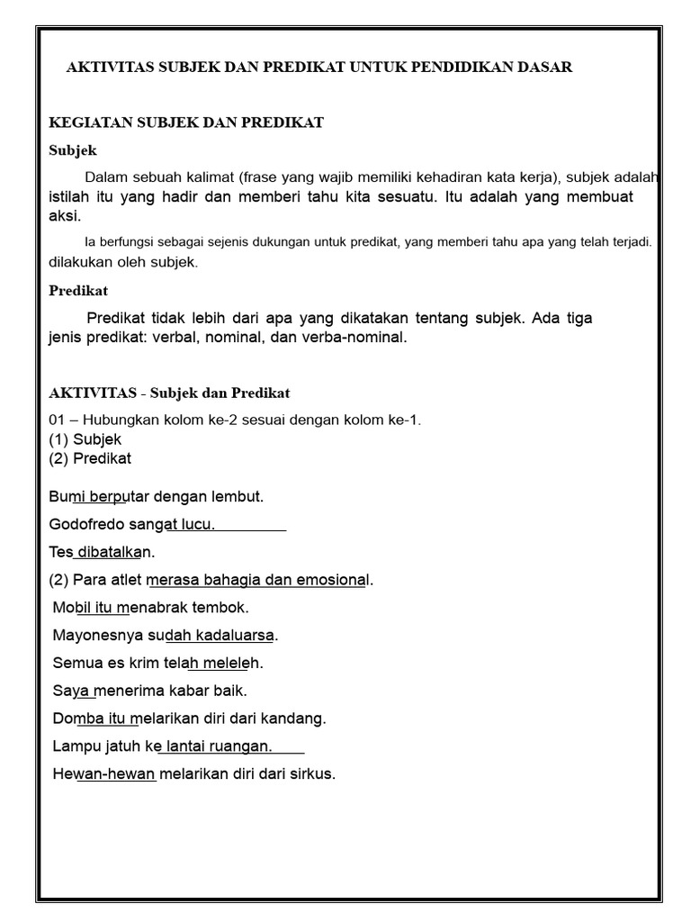 Aktivitas Subjek dan Predikat Dasar | PDF