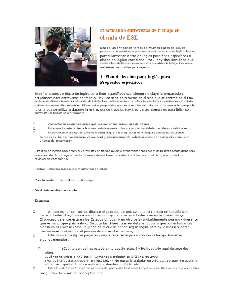 Practicando Entrevistas de Trabajo en El Aula de ESL | PDF | Entrevista ...