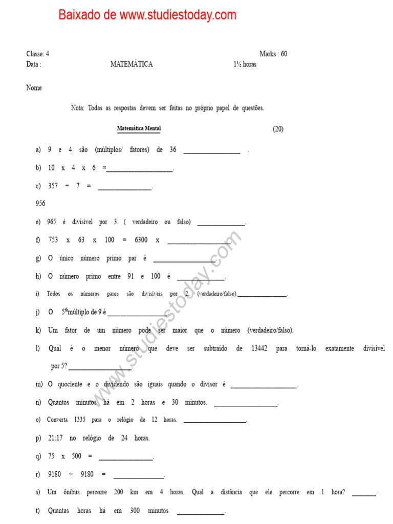 Conjunto A de Provas de Amostra de Matemática Da Classe 4 Do CBSE | PDF ...
