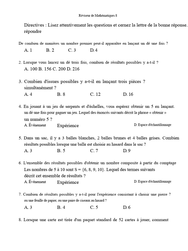 Questions de Mathématiques et Probabilités 8 | PDF | Dé | Échecs