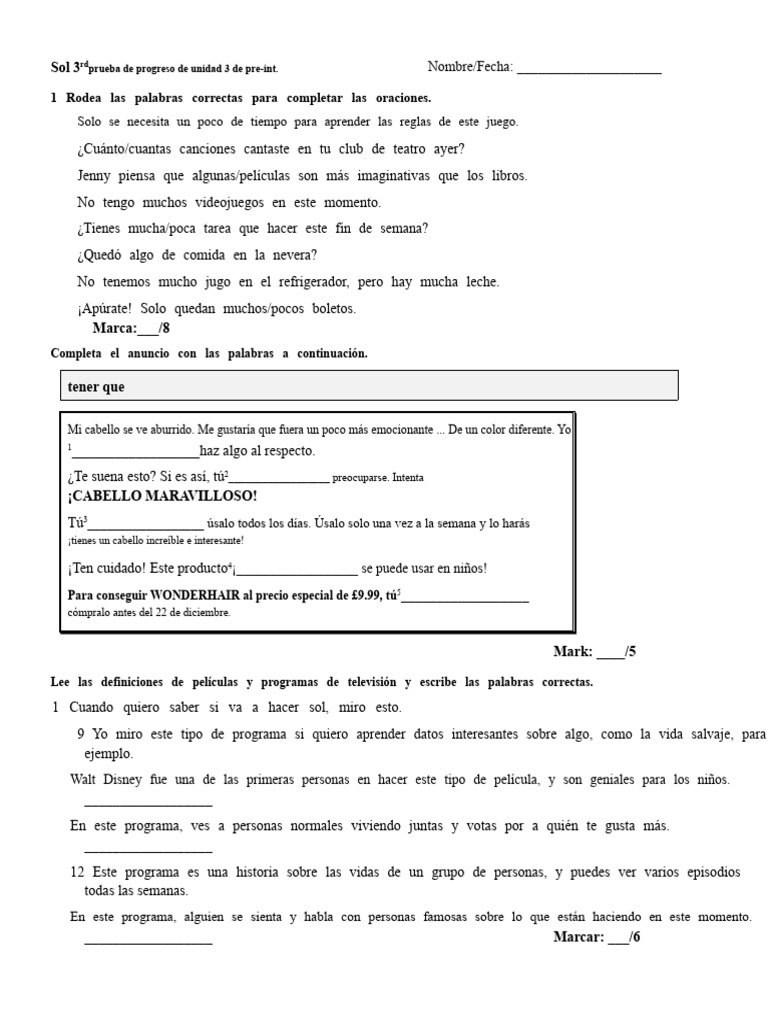 Prueba de Progreso de La Unidad 3 Pre-Int | PDF