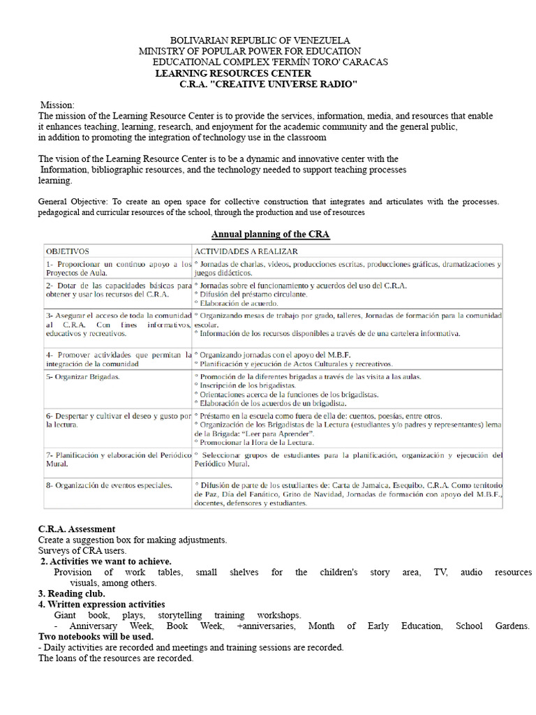 Learning Resource Center Mission & Goals | PDF