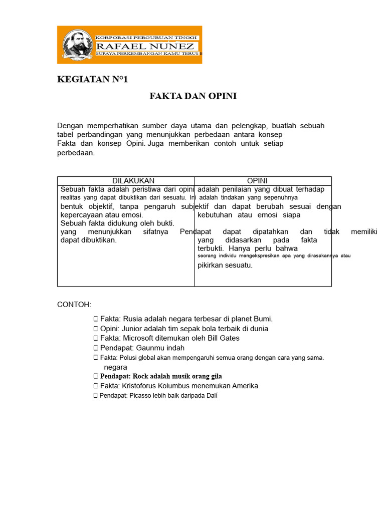Perbedaan Fakta dan Opini: Tabel Contoh | PDF
