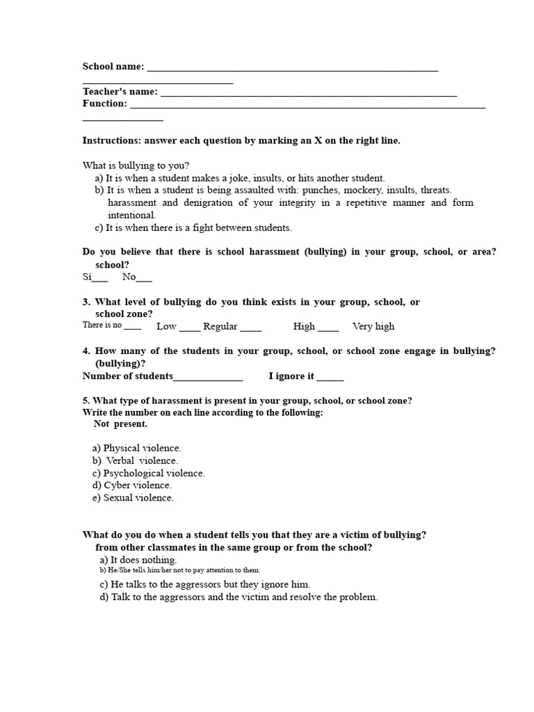 Bullying Assessment Questionnaire Template | PDF | Bullying | Violence