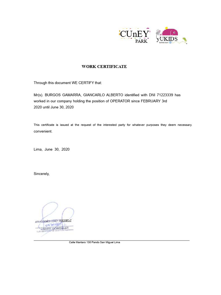 Coney Active Work Certificate | PDF