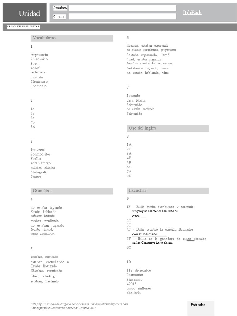 Prueba de vocabulario y gramática | PDF