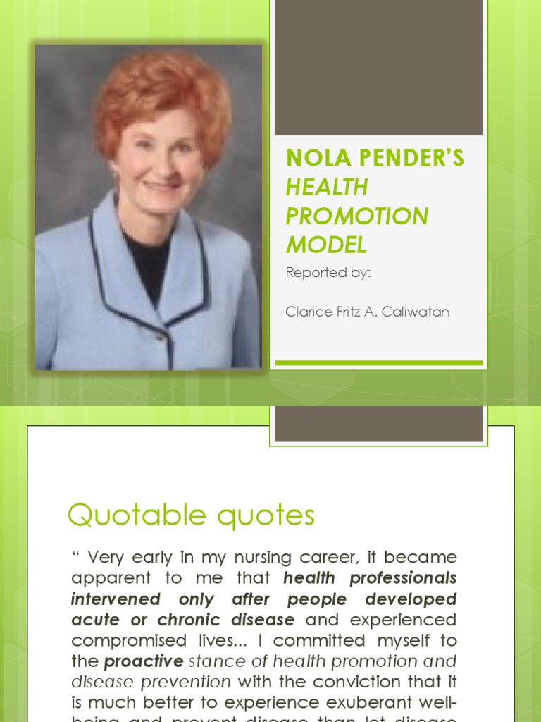Nola Pender's Health Promotion Model | PDF | Self Efficacy ...