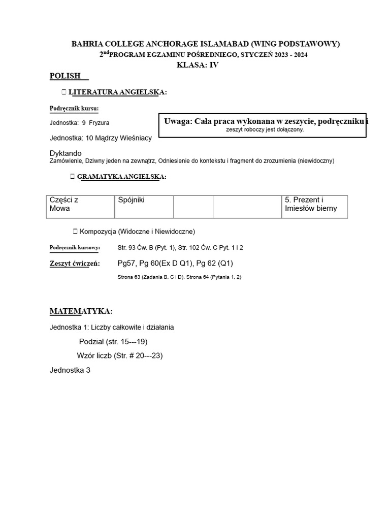 Program Nauczania Drugiego Semestru Klasy 4 | PDF