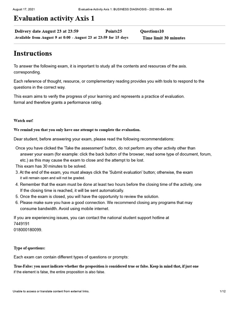 Evaluation Activity Axis 1 - Business Diagnosis - 202160-6a - 805 | PDF ...