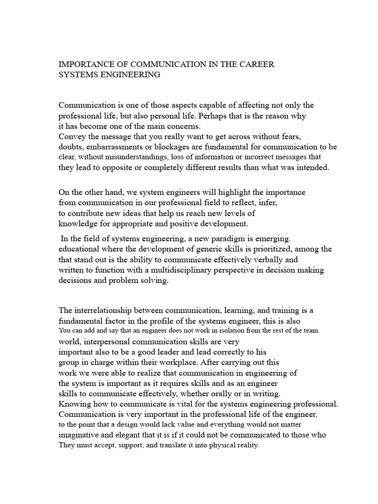 Importance of Communication in The Systems Engineering Career 1 | PDF