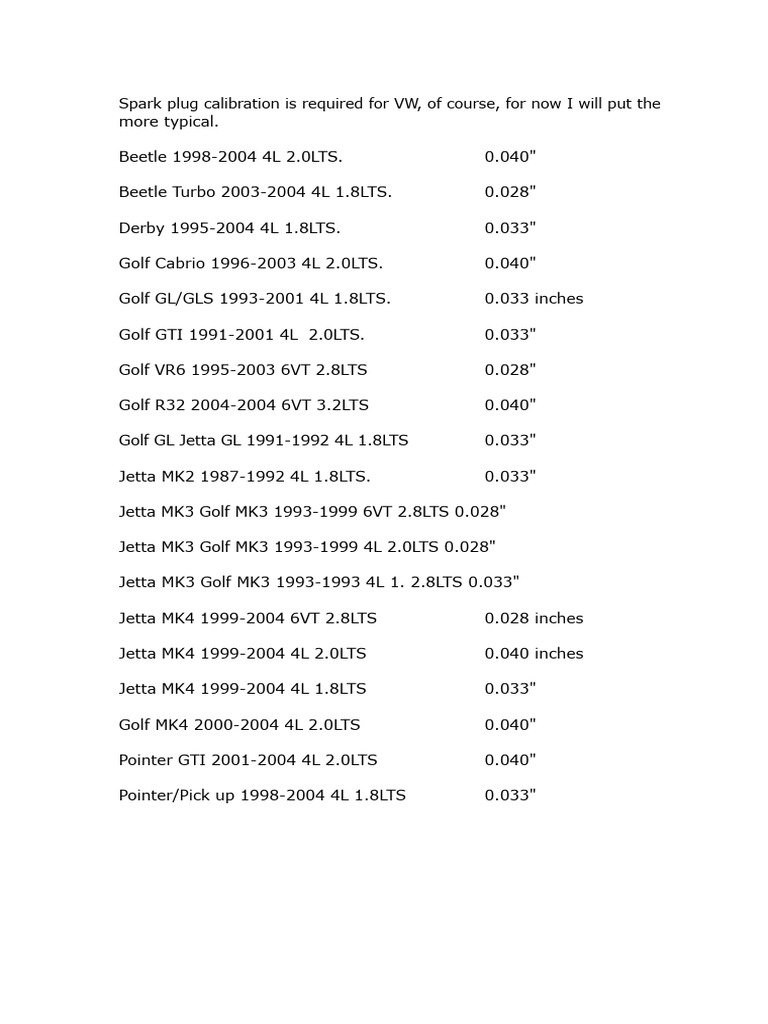 VW Spark Plug Calibration Manual | PDF