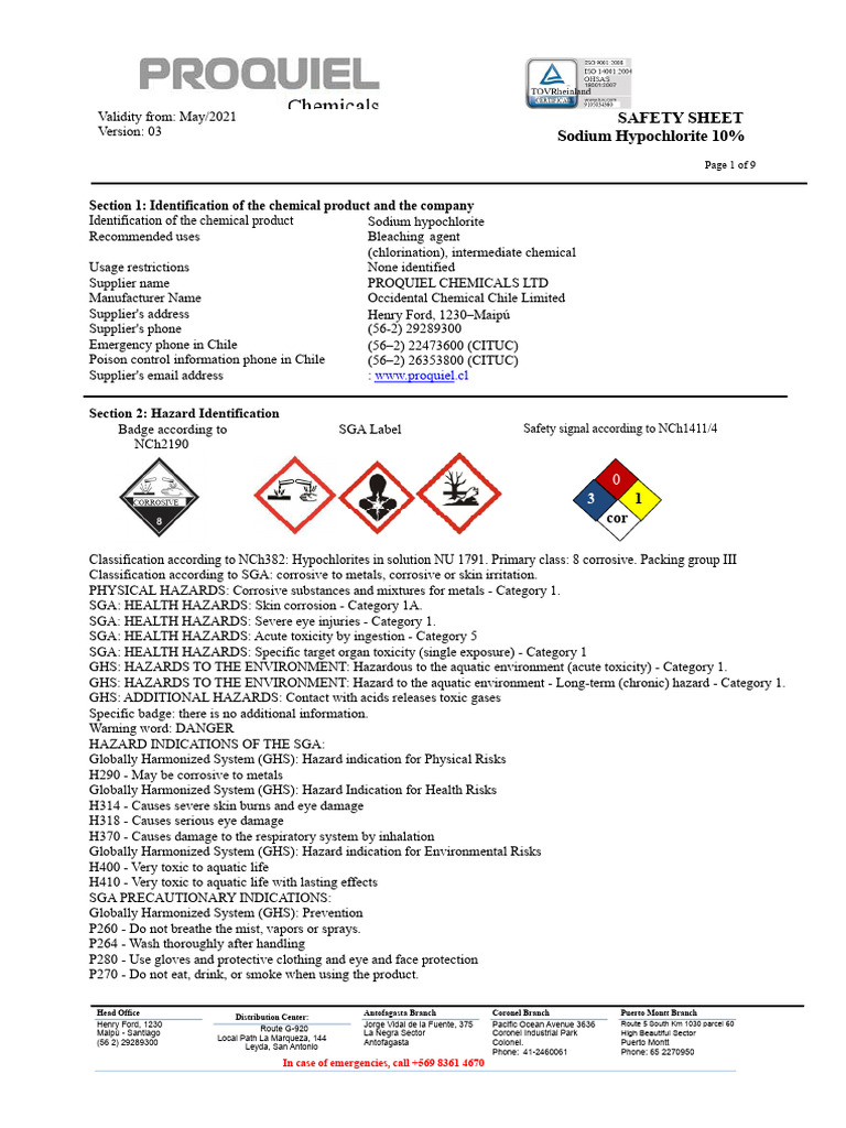 Sodium Hypochlorite 10% Safety Sheet | PDF | Toxicity | Personal ...