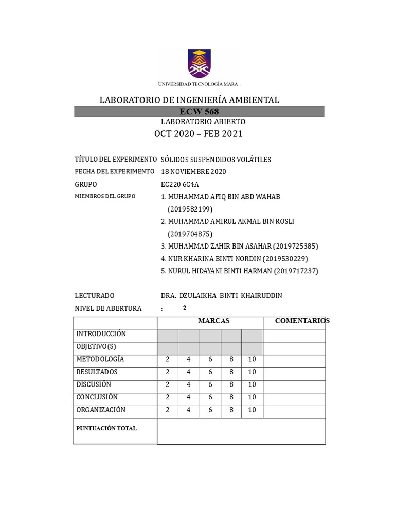 Sólidos Suspendidos Volátiles de Laboratorio (EC2206C4A) | PDF | Agua ...