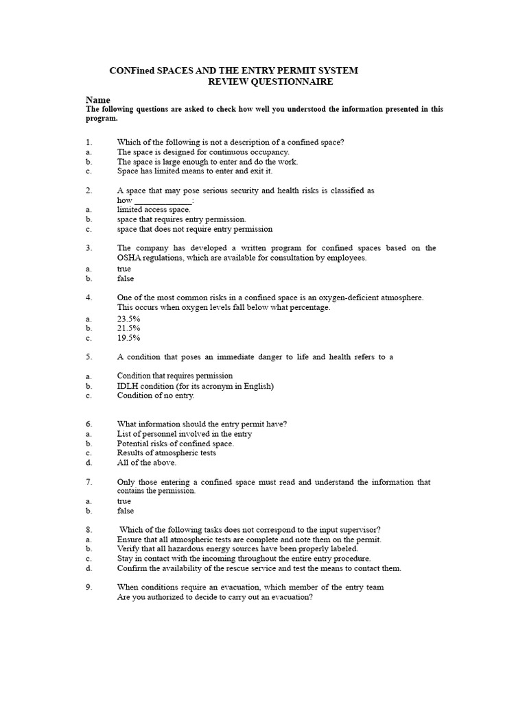 Confined Spaces Entry Permit Questionnaire | PDF | Safety ...
