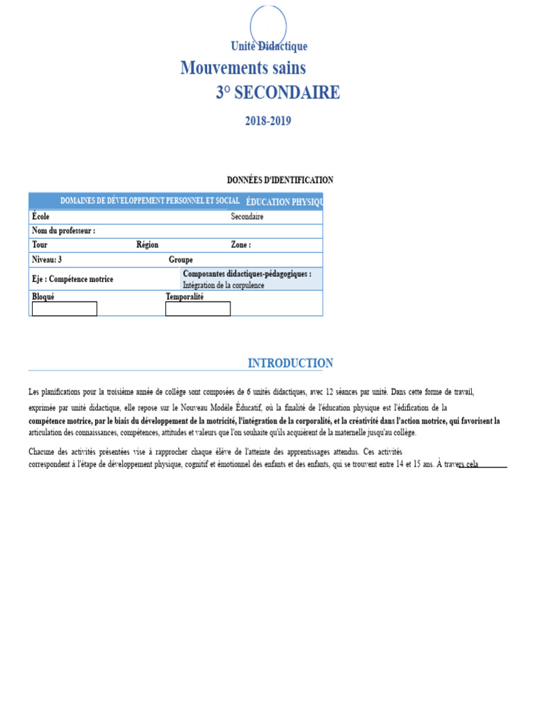 Unité Didactique : Mouvements Sains 3° | PDF | Pédagogie | Apprentissage