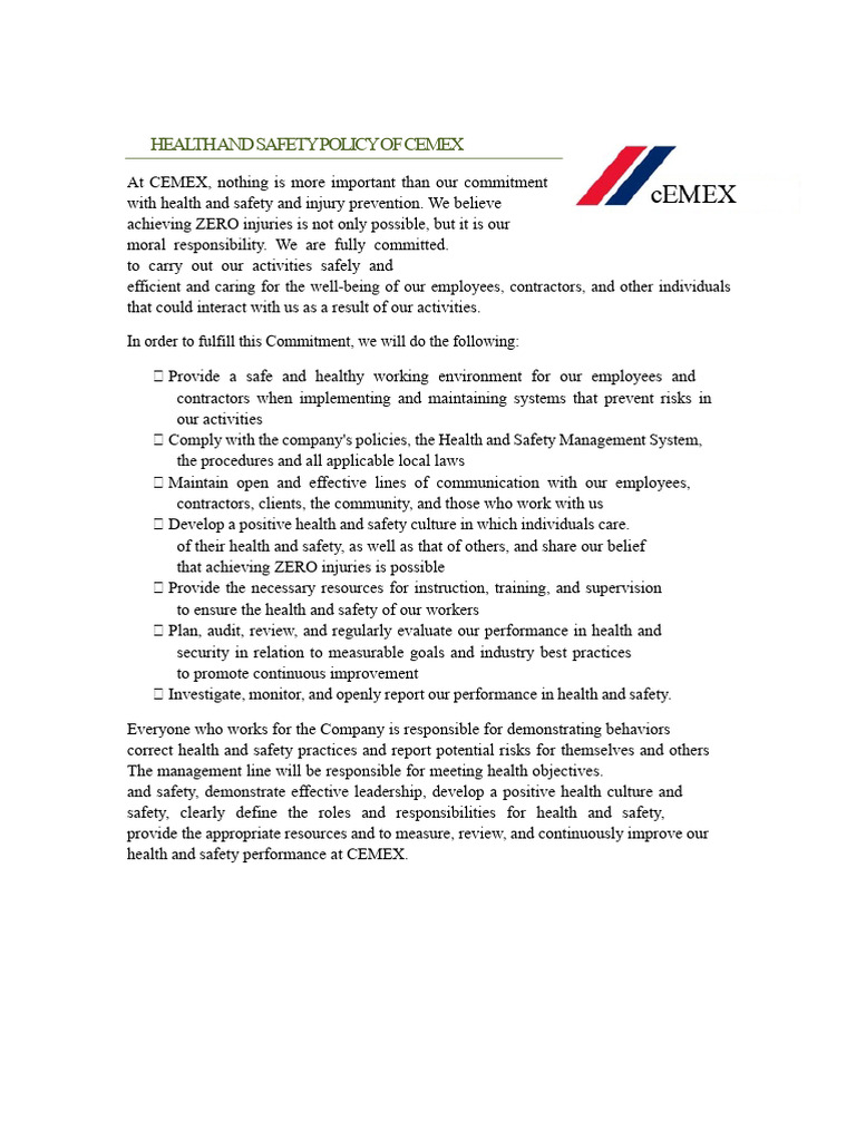 Health and Safety Policy of Cemex | PDF