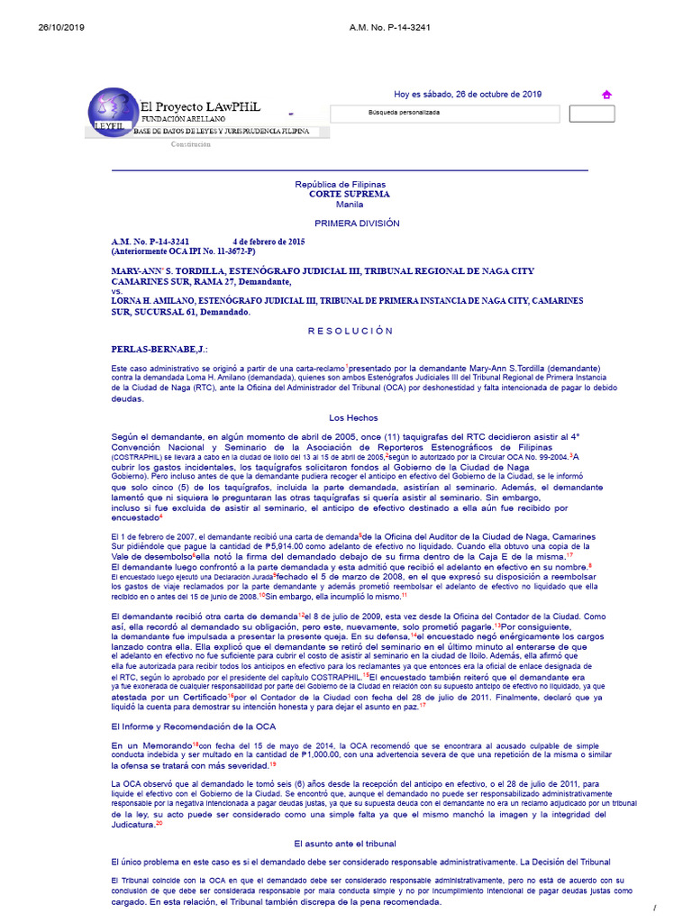 Falta Intencionada de Pagar Una Deuda Justa. A.M. No. P-14-3241 | PDF ...