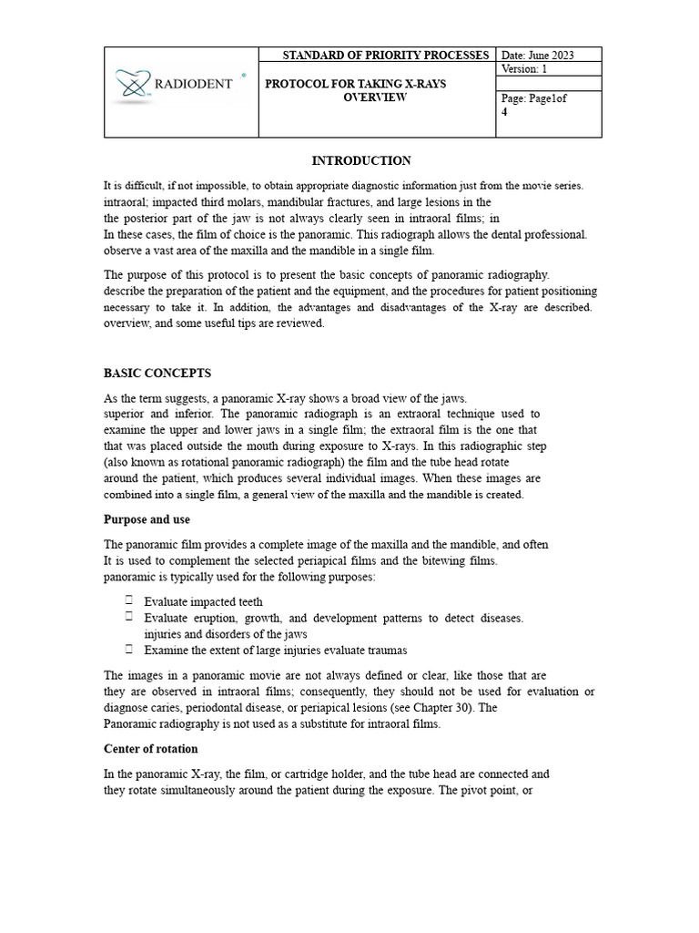 Panoramic X-Ray Protocol Overview | PDF | Radiography | Medical Specialties
