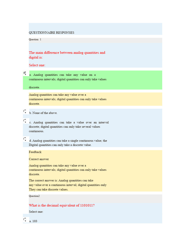Responses Questionnaire Digital Electronics 1 | PDF | Binary Coded ...