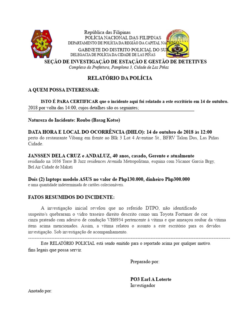 Relatório Policial de Arma de Fogo Perdida | PDF