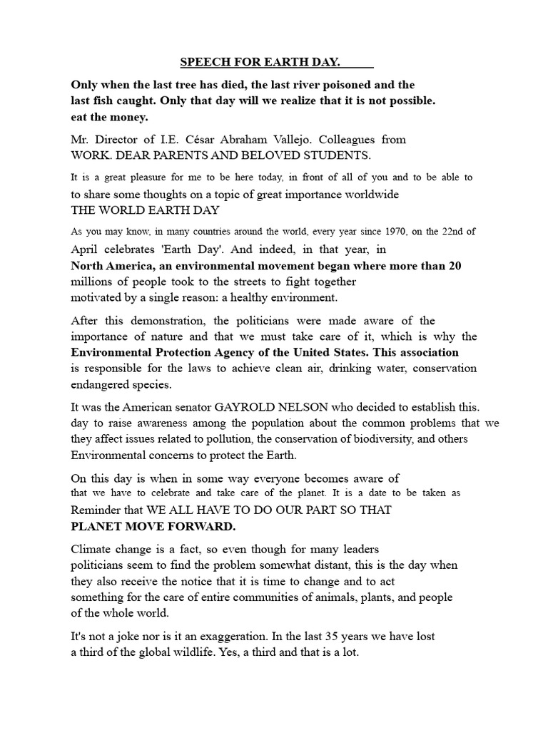 Speech For Earth Day | PDF | Environmental Protection | Conservation ...