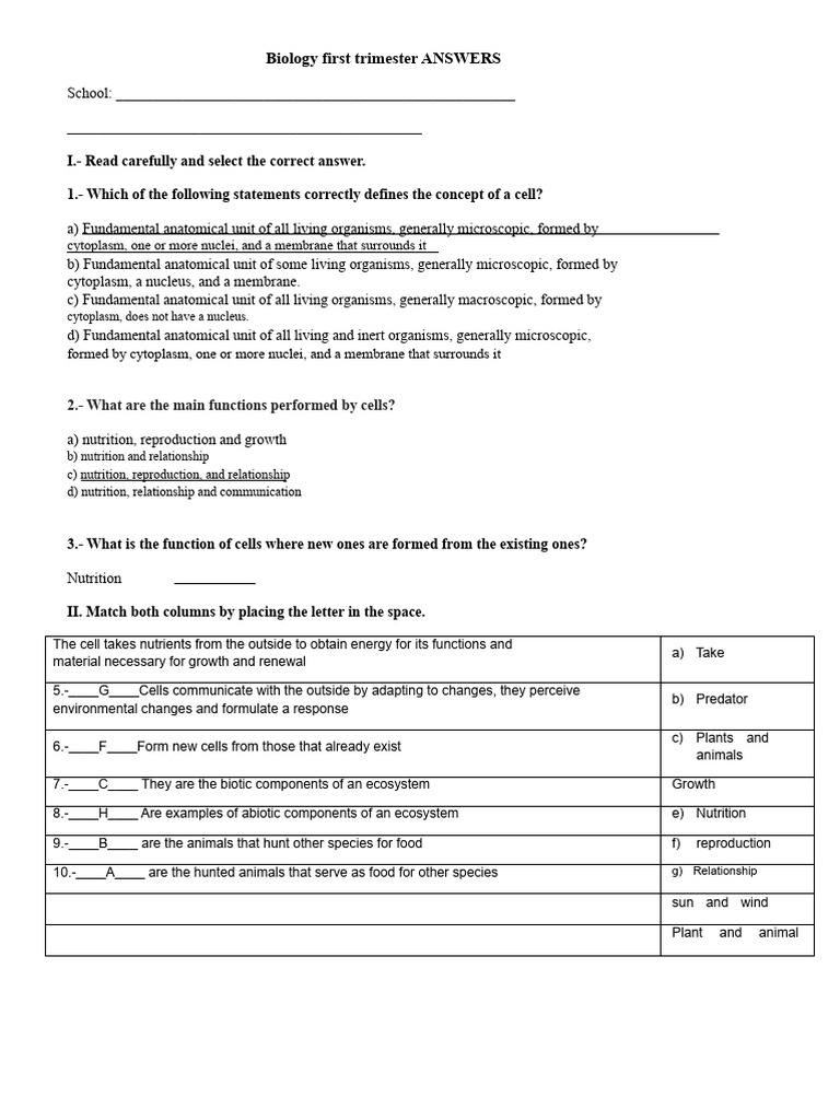 Biology Exam First Trimester ANSWERS | PDF | Cell (Biology) | Biology