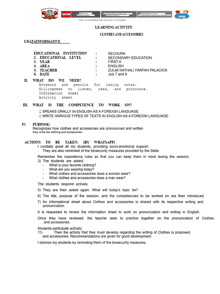 Learning Activity "Clothes and Accessories" 1 | PDF | Clothing | Blouse