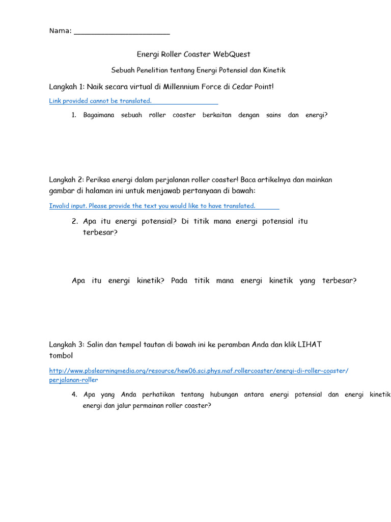 Salinan Webquest Energi Roller Coaster | PDF