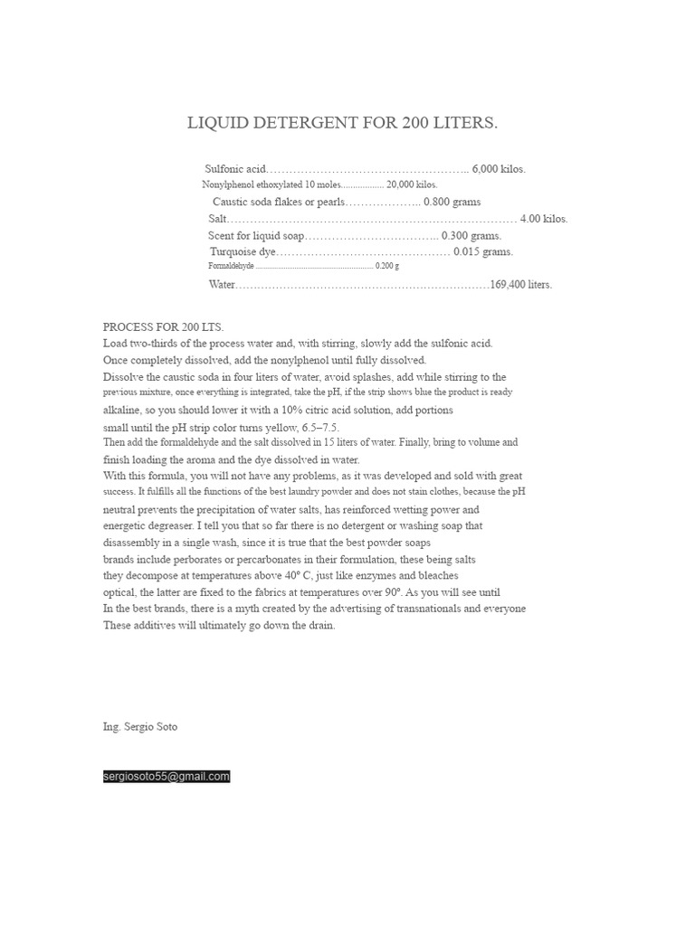 Liquid Detergent Formulation Guide | PDF | Detergent | Sodium Hydroxide