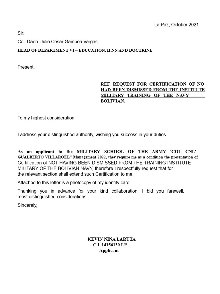 Request for Military Certification Letter | PDF