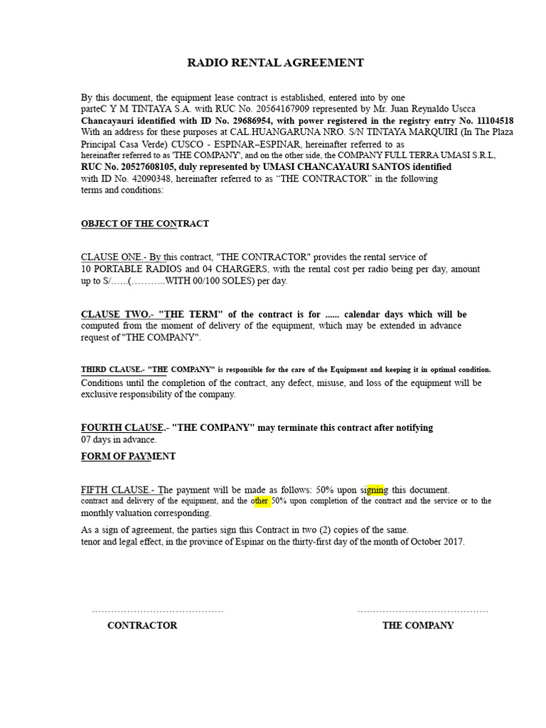 Radio Rental Contract | PDF