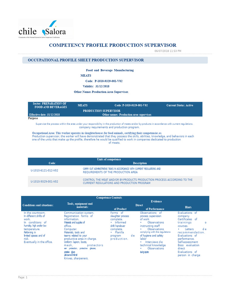Production Supervisor Competency Profile | PDF | Slaughterhouse ...