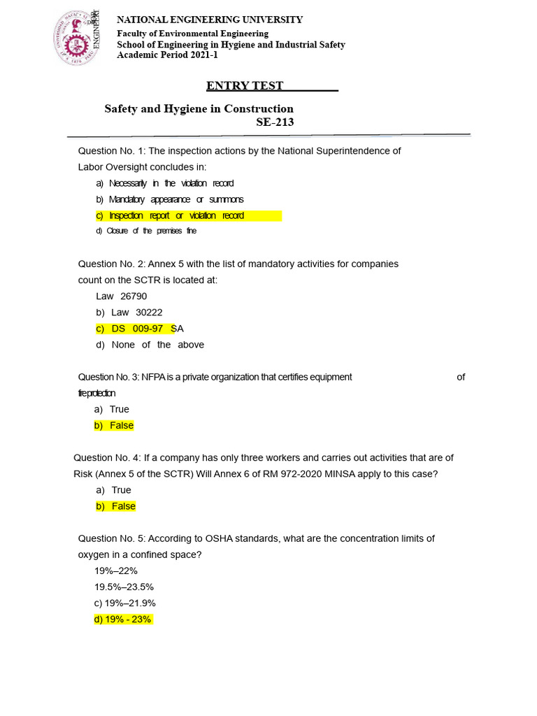 Safety and Hygiene in Construction Exam | PDF | Occupational Safety And ...