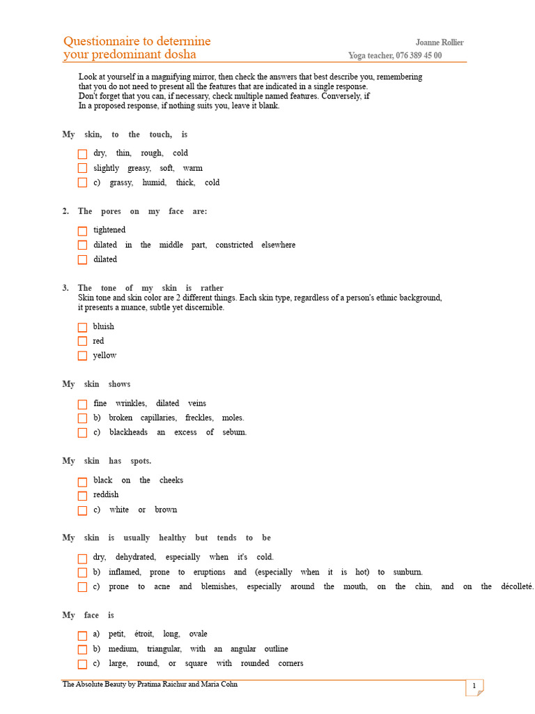 Determine Your Predominant Dosha | PDF | Dermatitis | Skin
