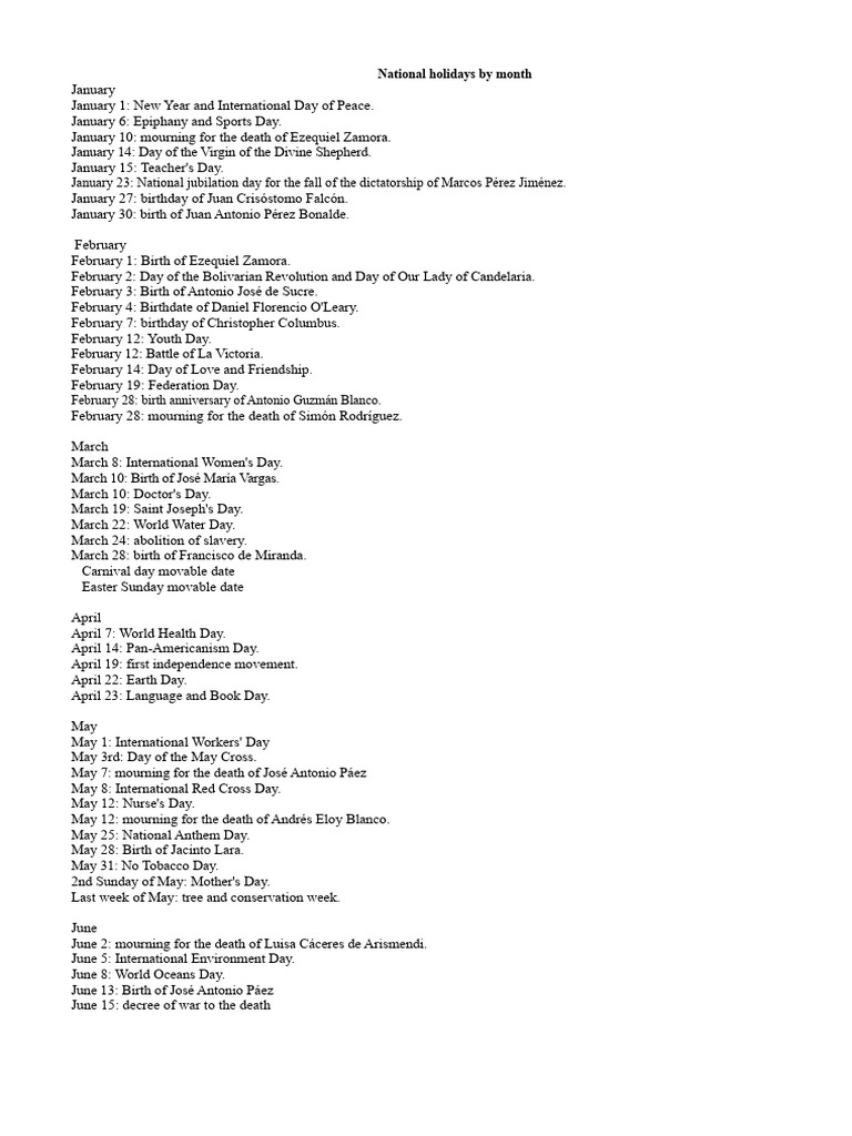 National Holidays by Month | PDF | Venezuela