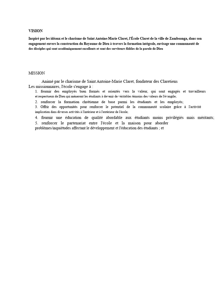 Vision et mission de l'École Claret | PDF