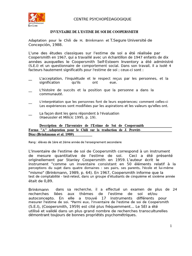 Inventaire Coopersmith : Estime de soi | PDF | Estime de soi | Échecs
