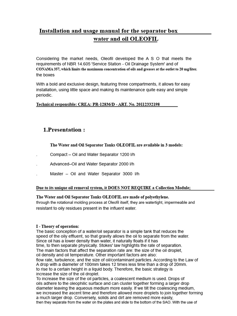 Oleofil Oil-Water Separator Manual | PDF | Drop (Liquid) | Chemical ...
