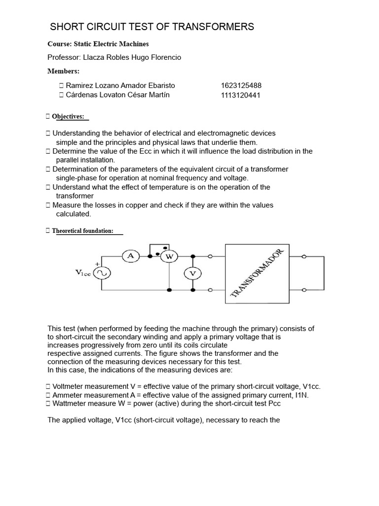 Laboratory Report Electric Machines - SHORT CIRCUIT TEST OF ...