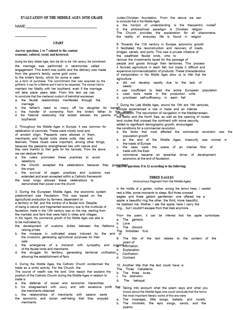 Medieval Age Assessment Grade 10 | PDF | Middle Ages | Feudalism