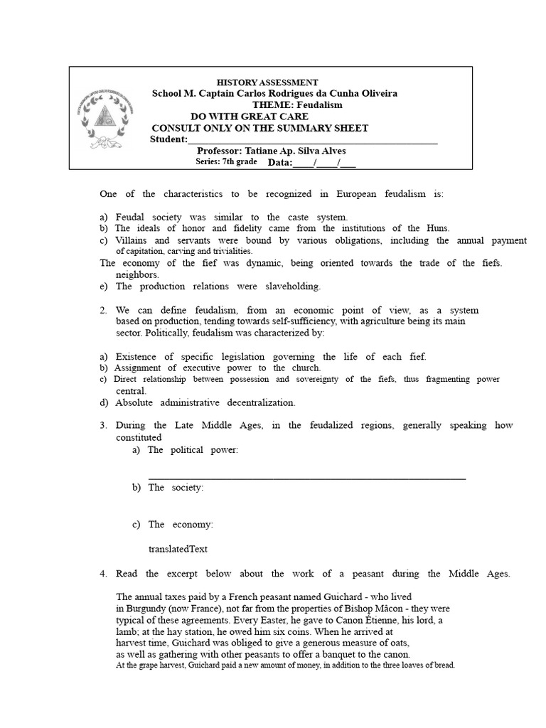 History Assessment 7TH Grade | PDF | Feudalism | Nobility