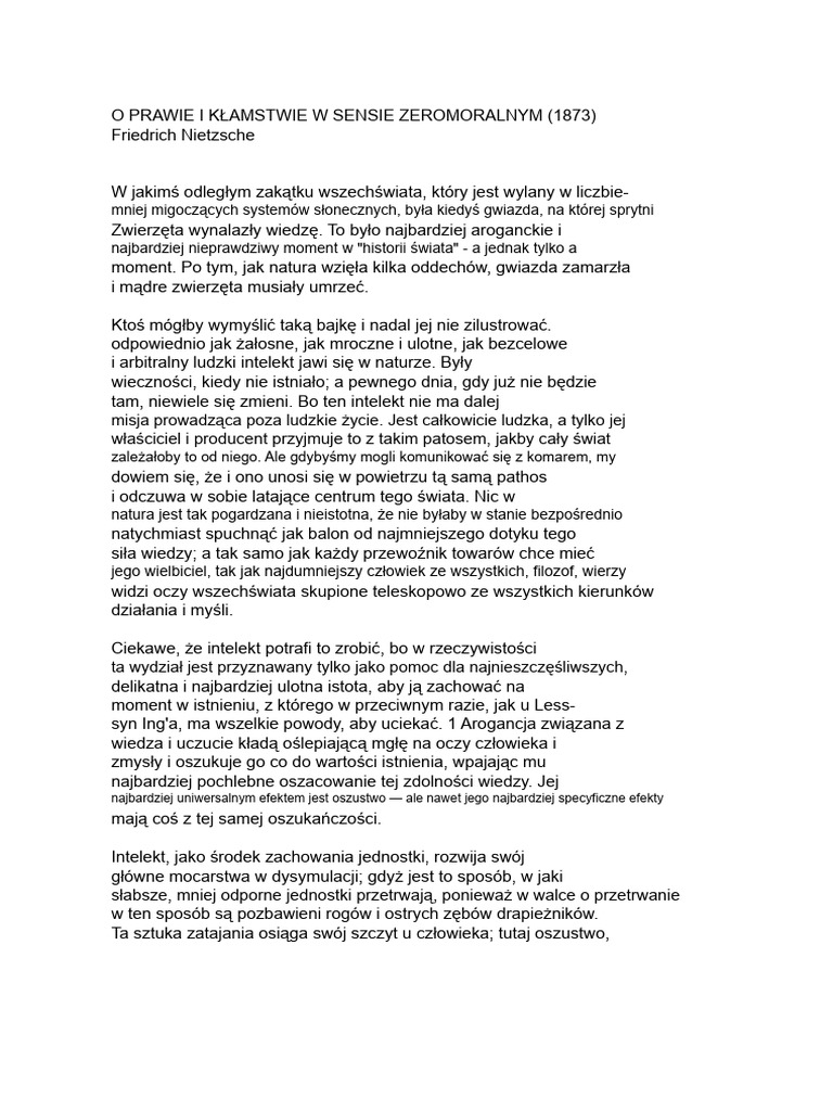 Nietzsche o Prawdzie I Kłamaniu W Sensie Pozamoralnym | PDF