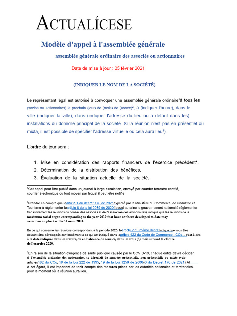 Modèle de convocation AG ordinaire | PDF