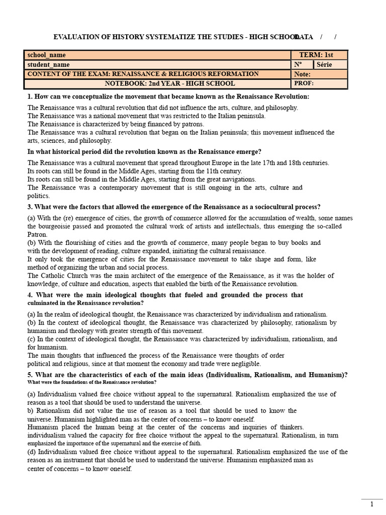 History Exam 2nd High School Question Bank | PDF | Renaissance ...