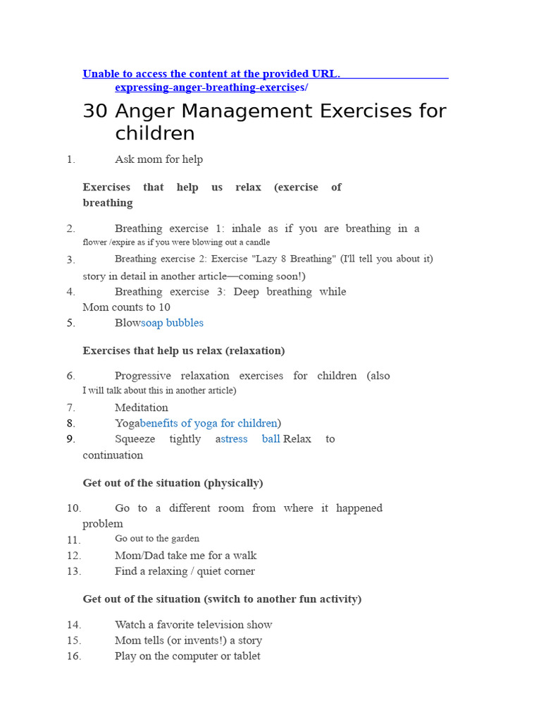 30 Anger Management Exercises for Kids | PDF | Breathing