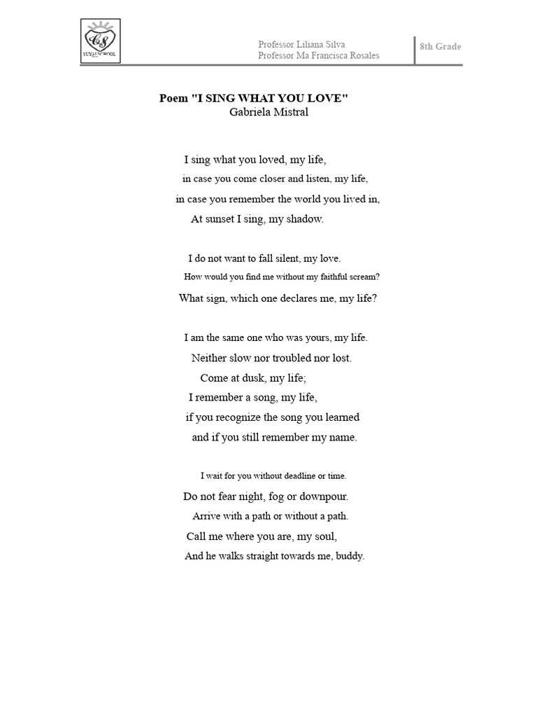 Poem I Sing What You Love - Gabriela Mistral | PDF